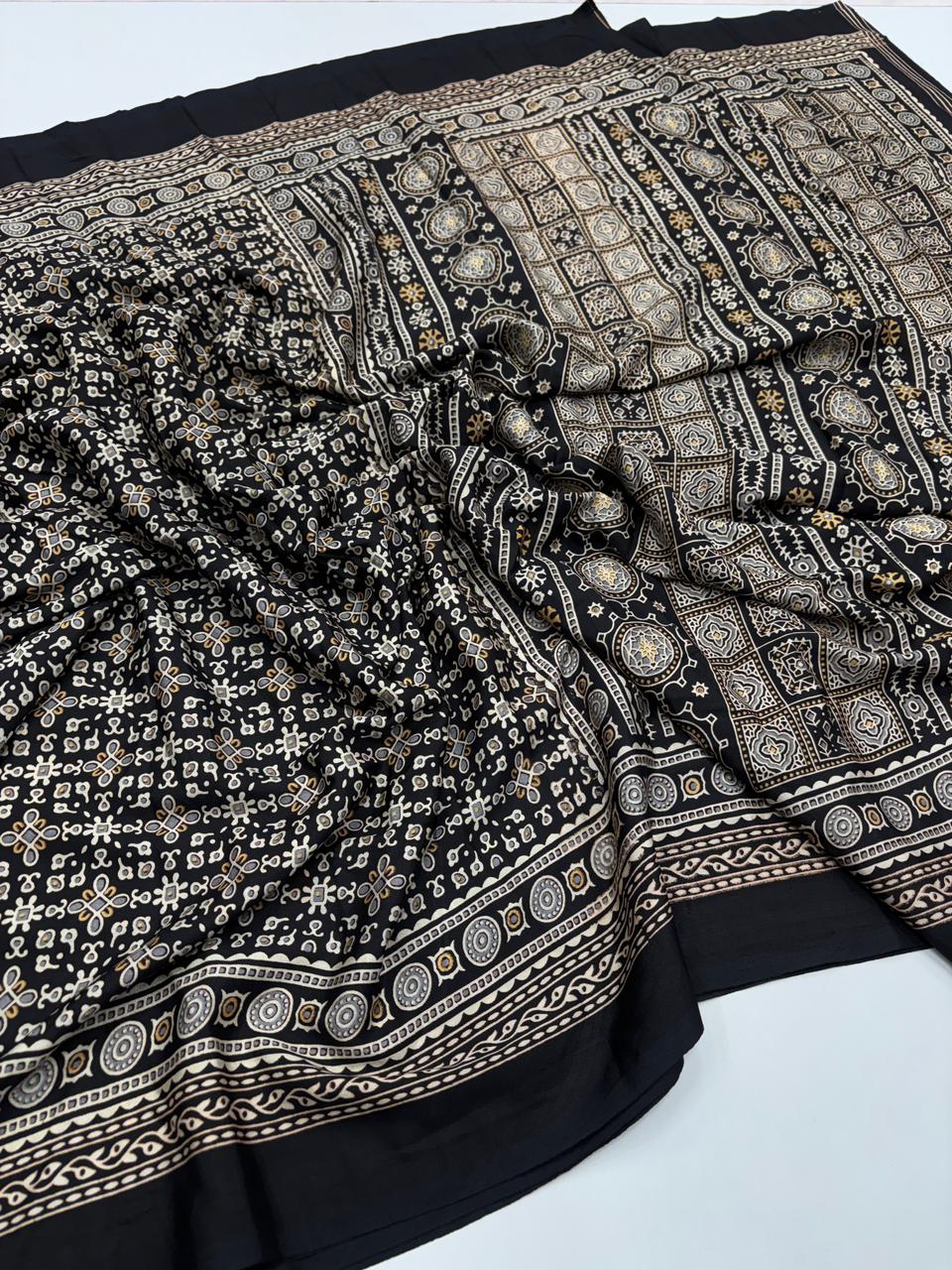 Redolent Function Wear Pure Soft Crape Silk Ajrak Printed Rich Pallu F ...