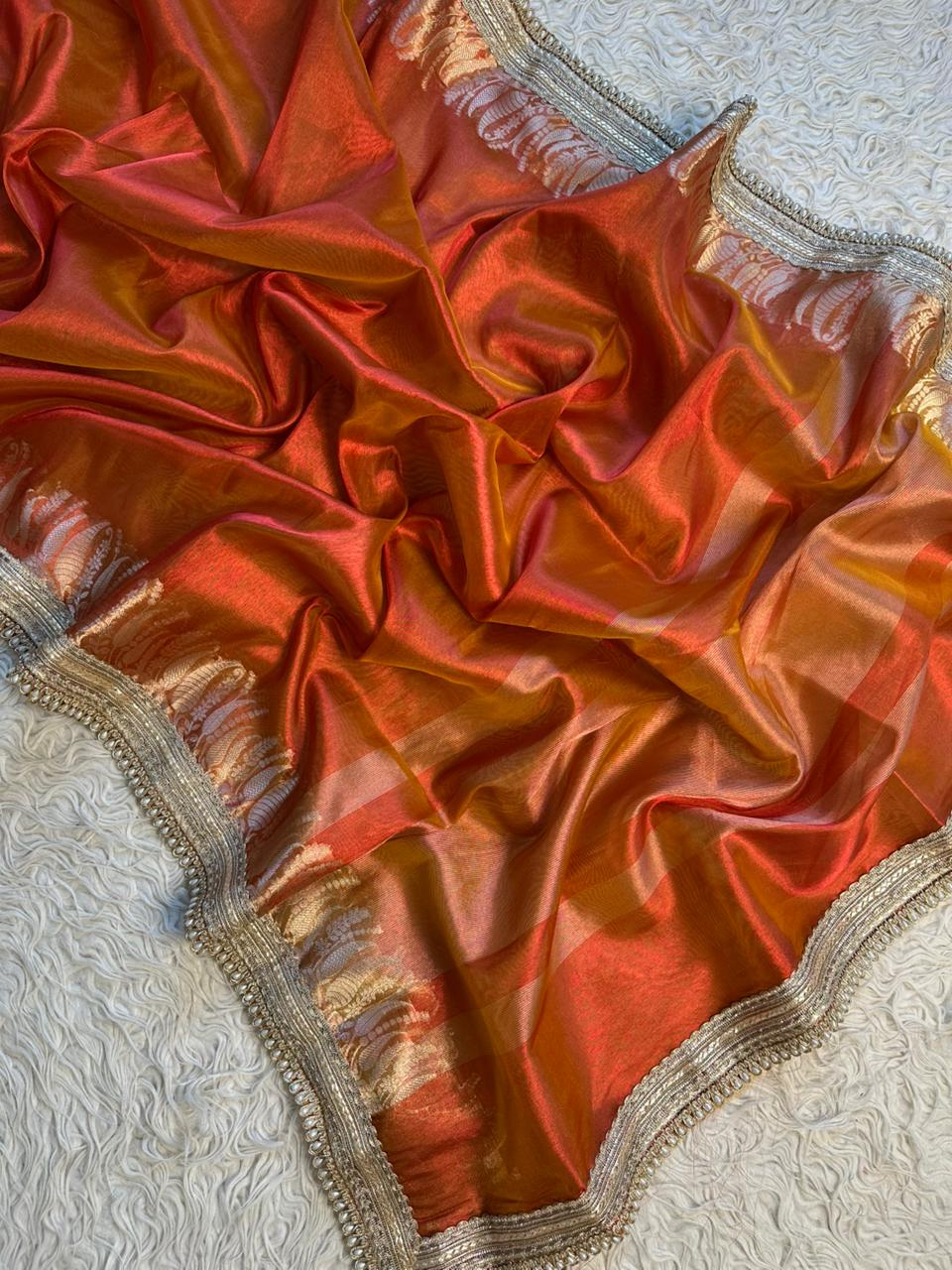 Outstanding Function Wear Orange Color Banarasi Tissue Silk Jacquard n ...