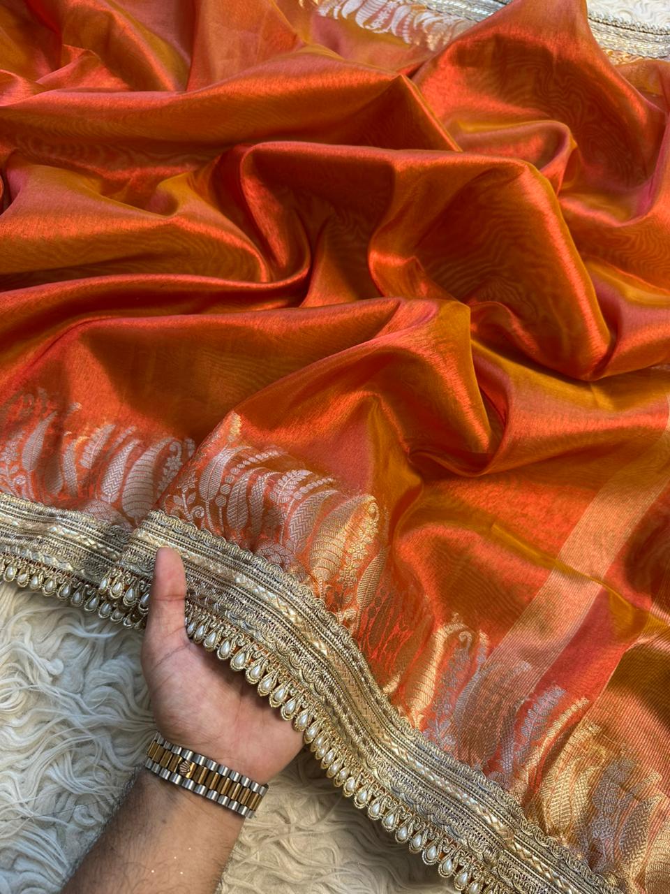 Outstanding Function Wear Orange Color Banarasi Tissue Silk Jacquard n ...
