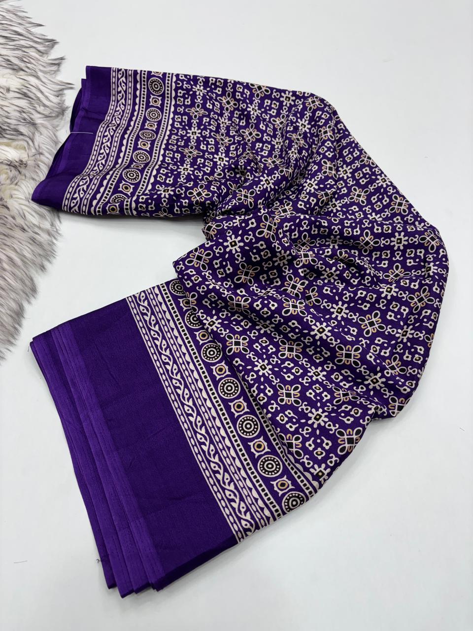 Redolent Function Wear Pure Soft Crape Silk Ajrak Printed Rich Pallu F ...